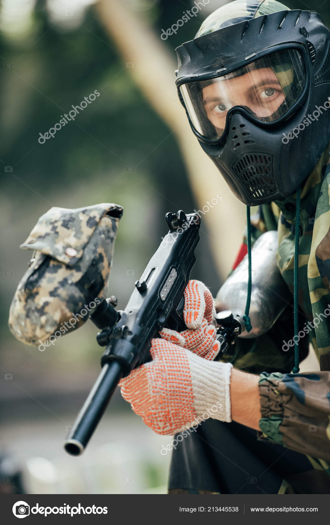 Male Paintball Player Goggle Mask Camouflage Paintball Gun Outdoors ...