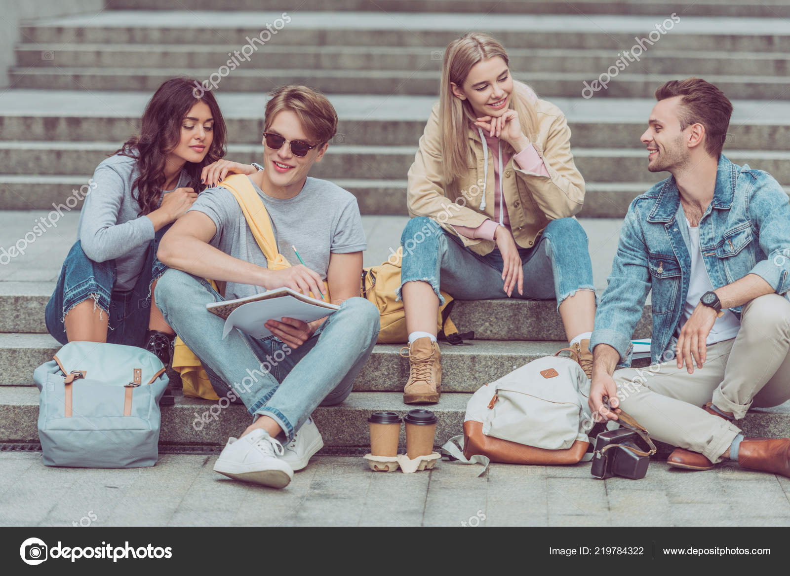 Young Tourists Resting Steps Street New City — Free Stock Photo ...