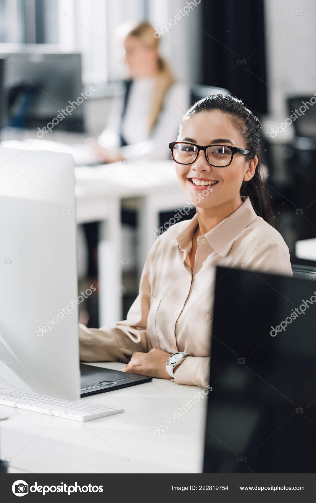 Attractive Young Businesswoman Using Desktop Computer Smiling Camera ...