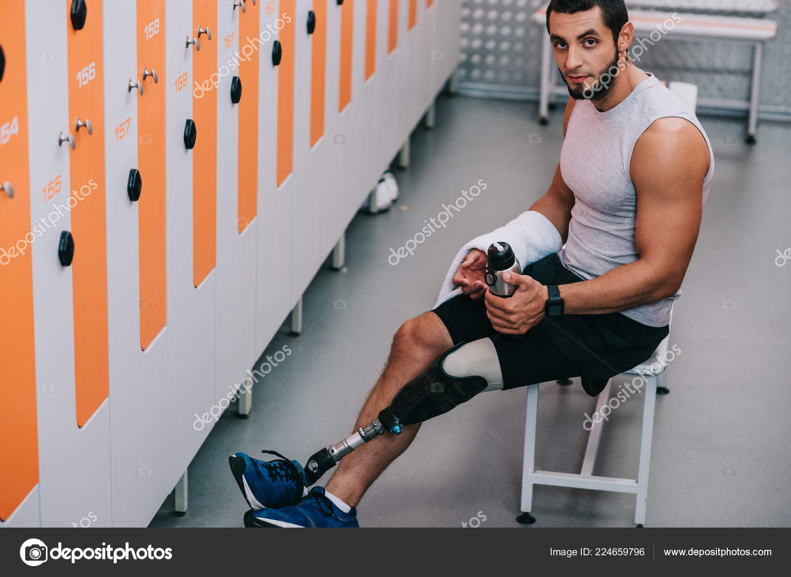 Handsome Young Sportsman Artificial Leg Sitting Bench Gym Changing Room ...