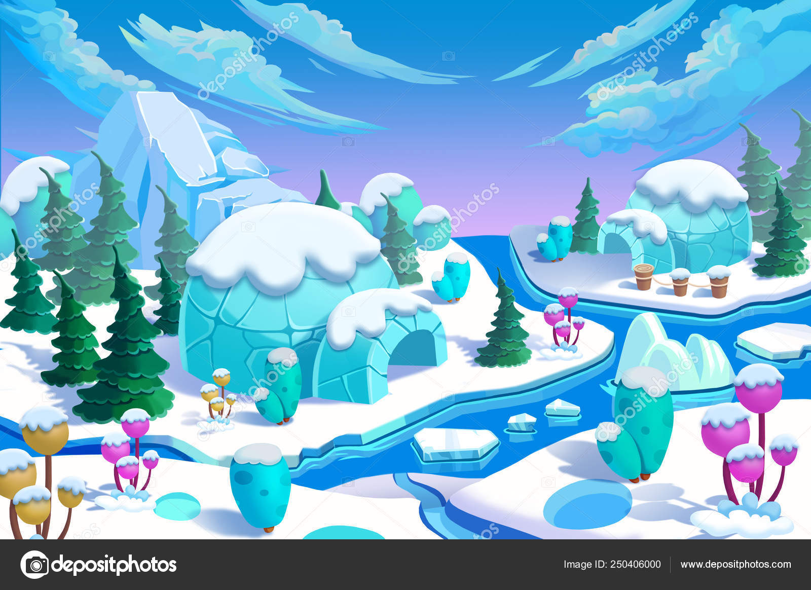 Eskimo Igloo Town Bridge Ice River Ice Mountain Ice Flowers Stock ...