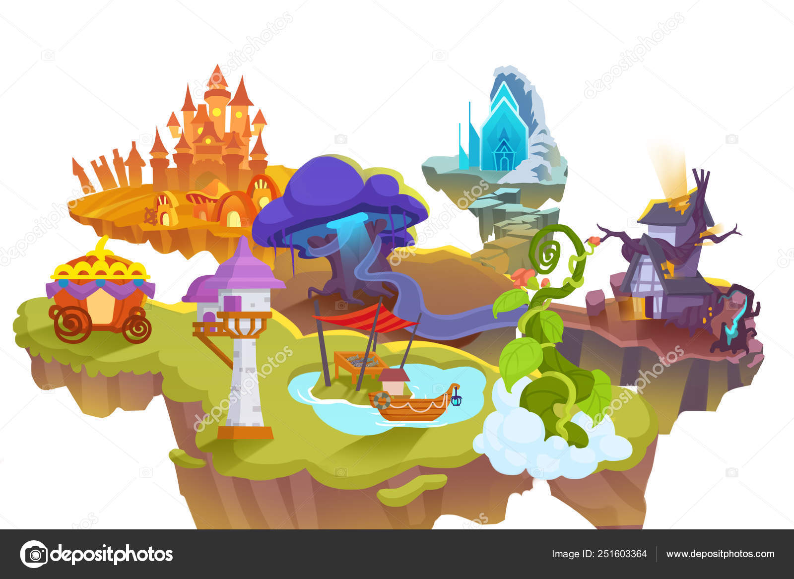 Fairy Tale World Isolated White Background Realistic Fantastic Cartoon ...