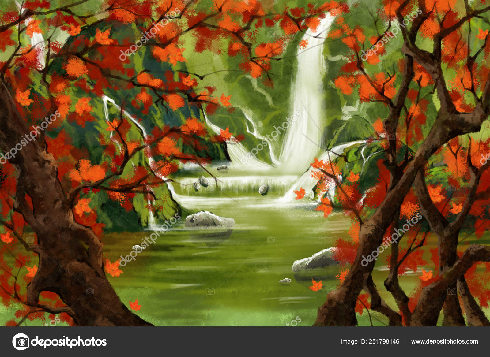 Waterfall Forest Red Leaves Tree Watercolor Style Artwork Stock ...