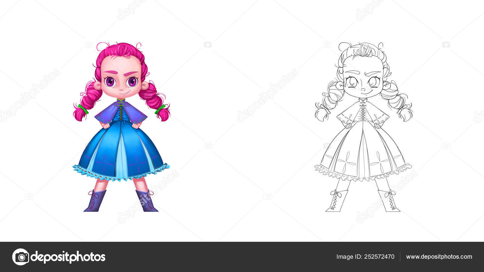 Princess Freckled Cheeks Red Ponytails Coloring Book Outline Sketch ...