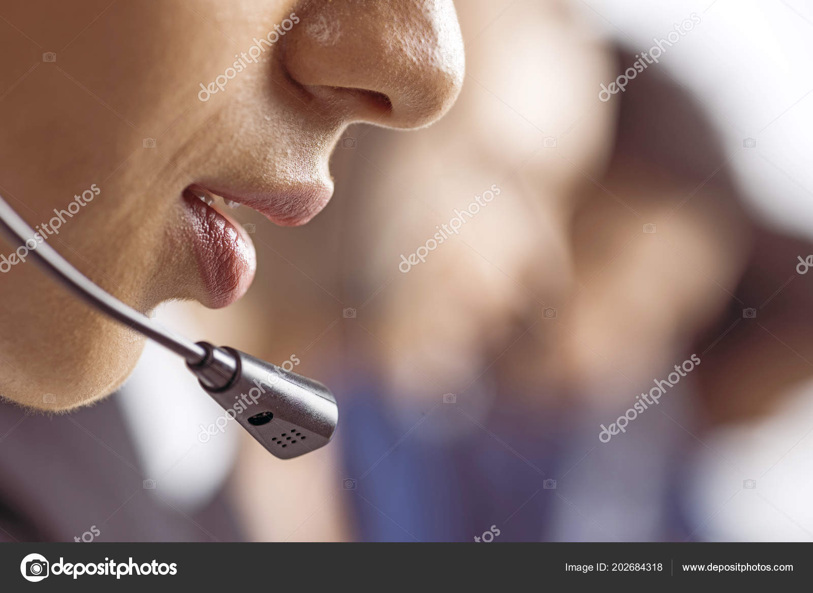 Cropped Shot Call Center Operator Headset Blurred Colleagues Background ...