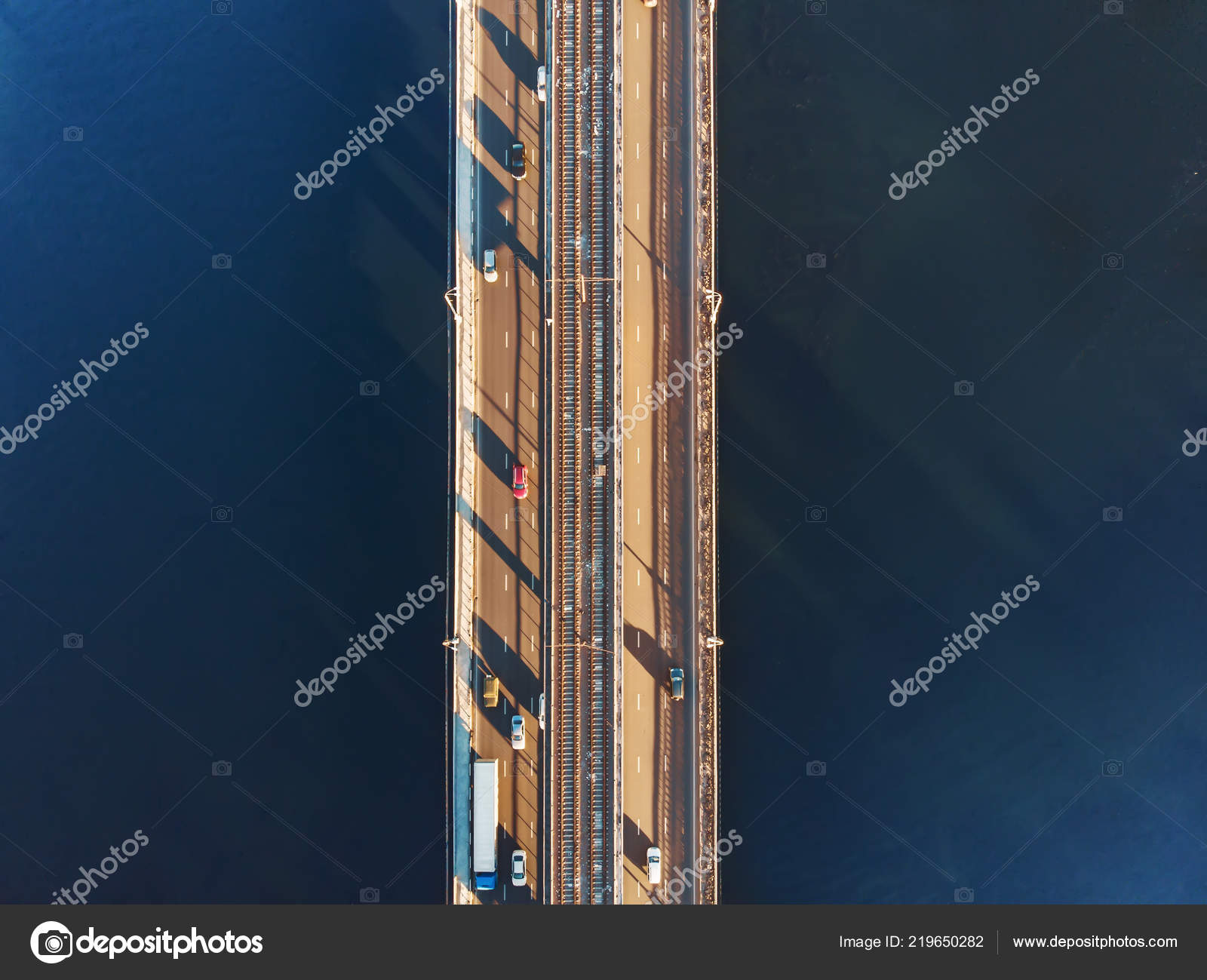 Aerial or top view from drone of concrete bridge with asphalt road or ...