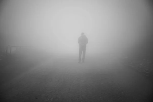 Man with his back walking through the fog street — Stock Photo ...