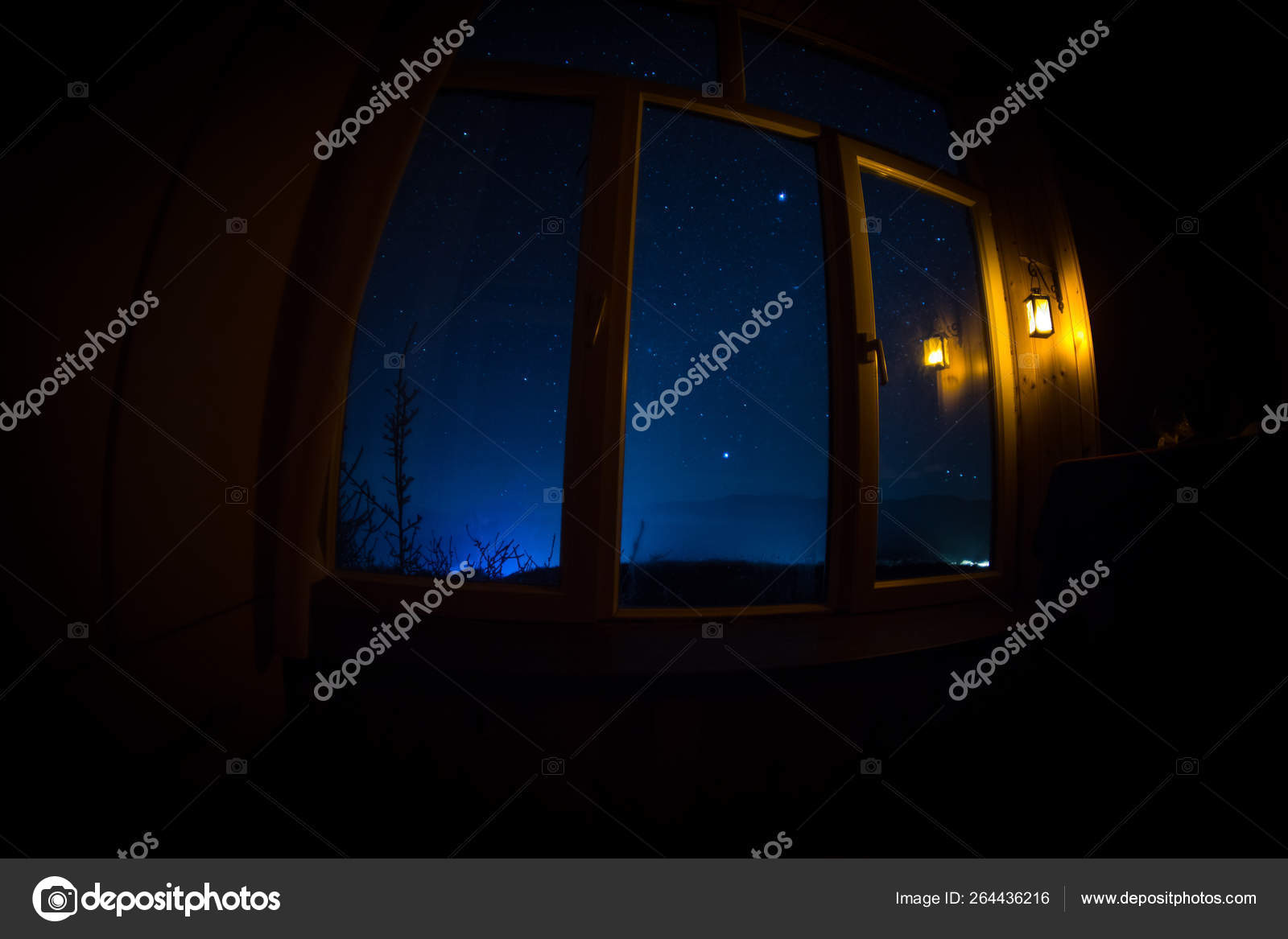 Night Scene Stars Seen Window Dark Room Night Sky Dark — Stock Photo ...