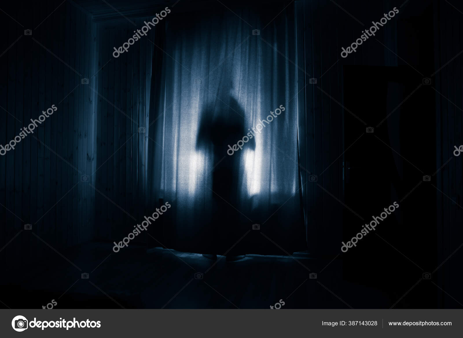 Horror Silhouette Window Curtain Bedroom Night Horror Scene Halloween ...