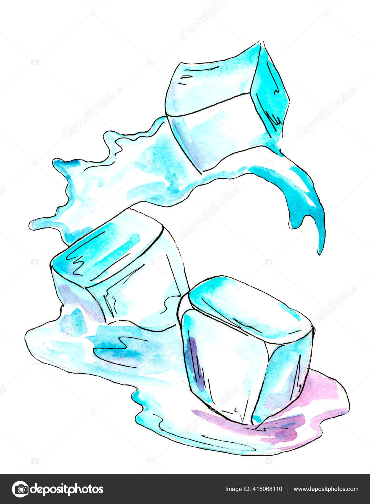 Watercolor Drawing Ice Cubes Water Cocktail Cold Drink Stock ...