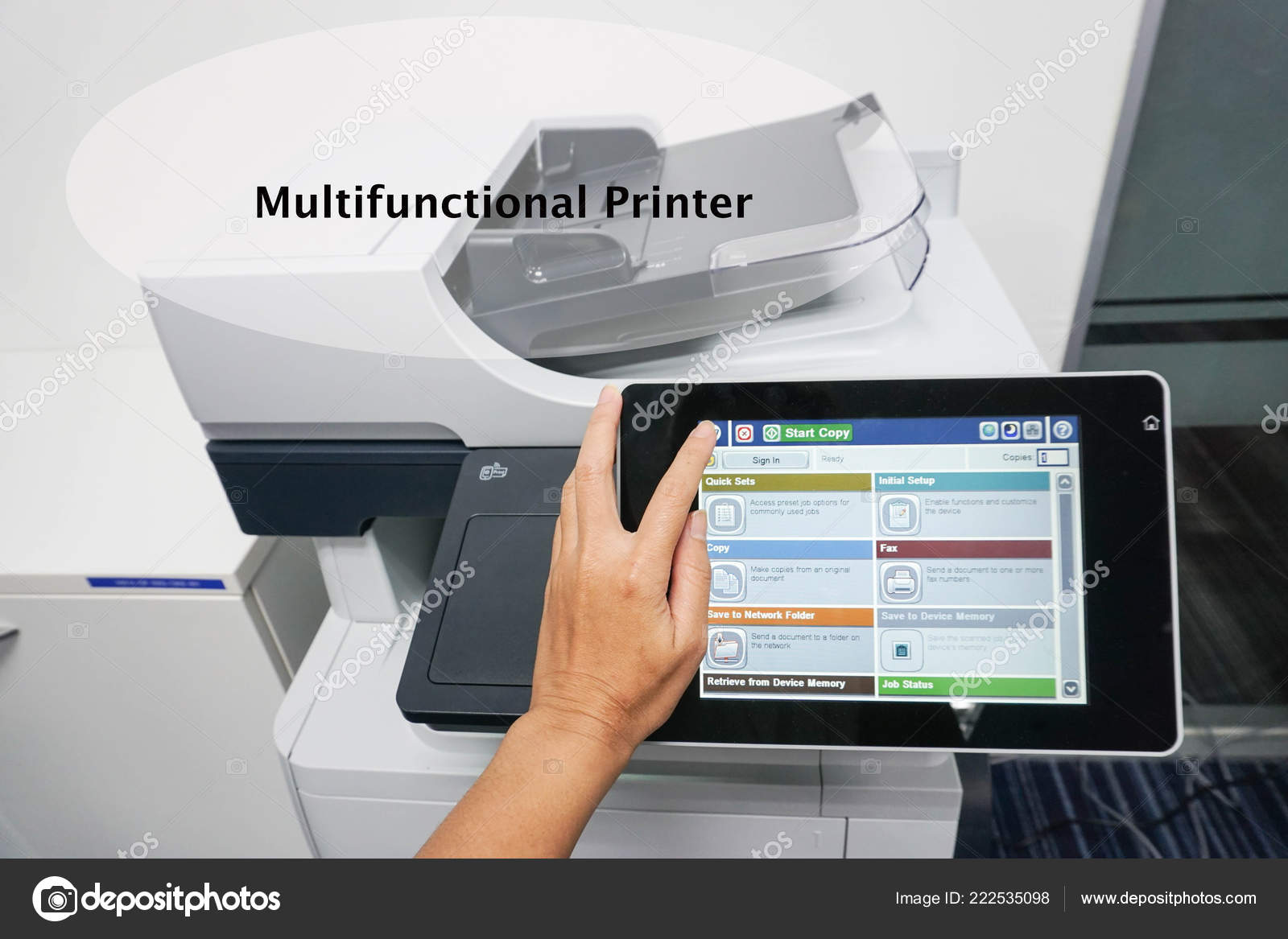 Woman Use Touch Screen Multi Functional Printer Copying Documents Stock ...