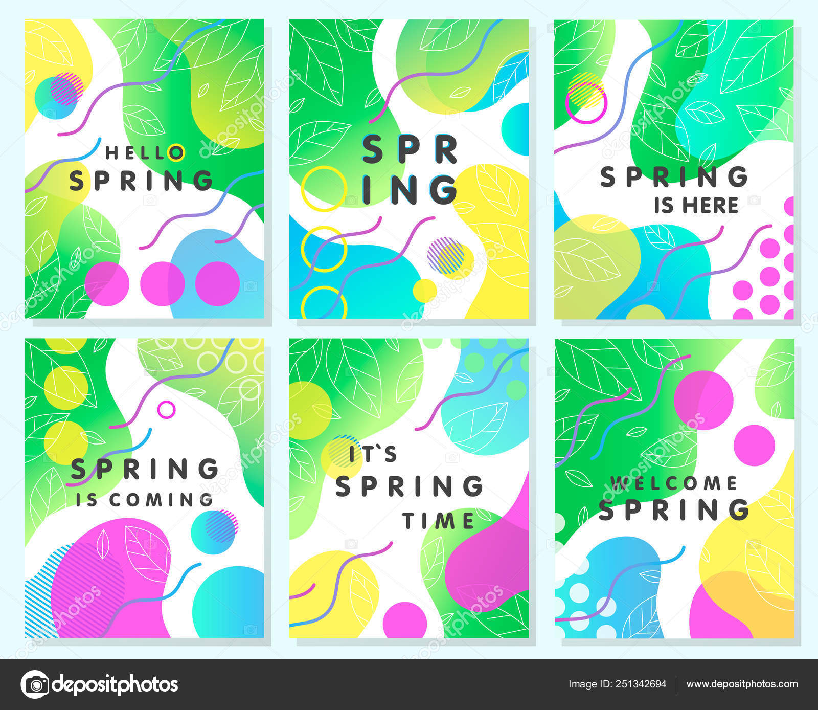 Set Unique Spring Cards Bright Gradient Backgrounds Tiny Leaves Fluid ...