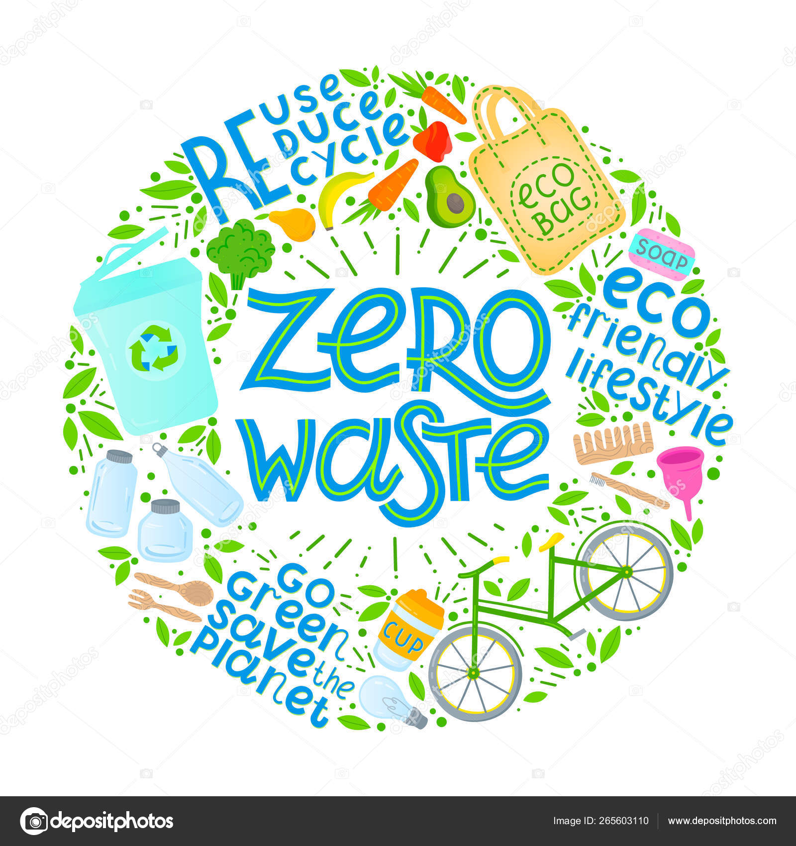 Zero Waste Concept Vector Illustration Hand Drawn Lettering Eco Grocery ...