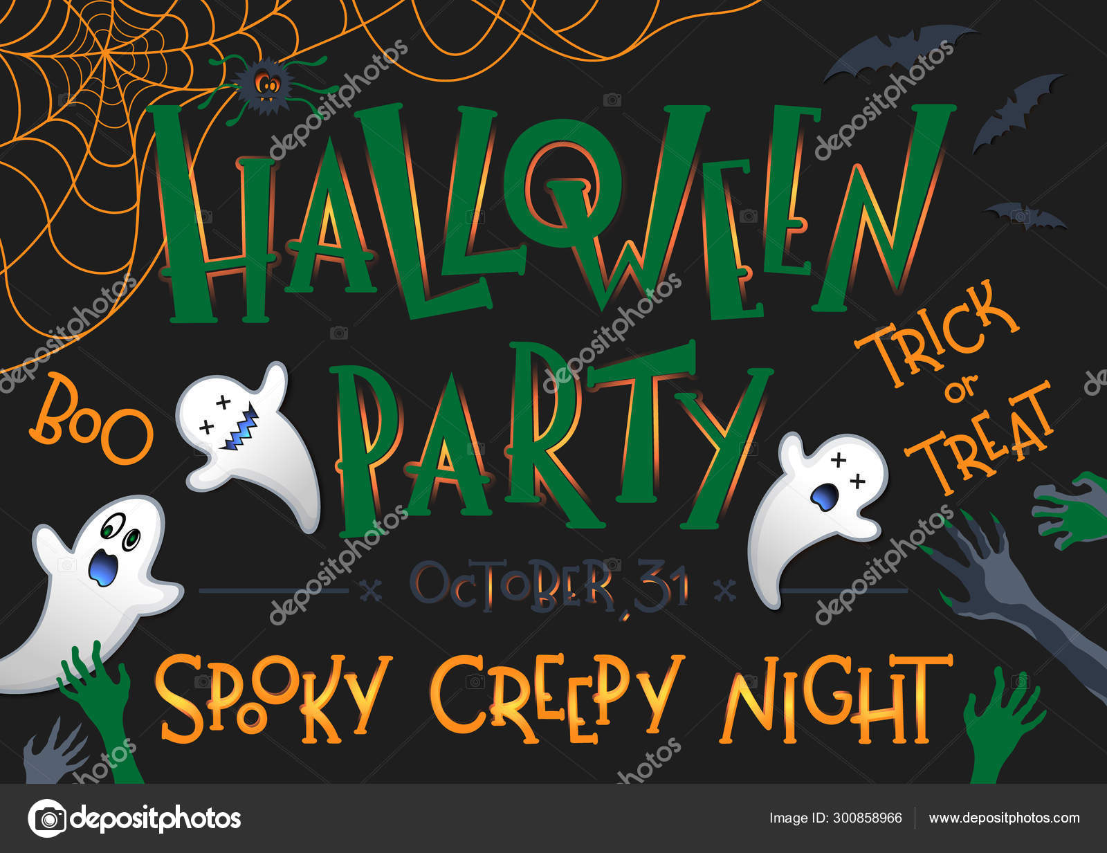 Halloween Party Poster Lettering Ghosts Bats Spider Halloween Design ...