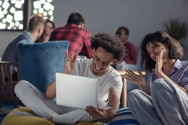 business, startup, technology and people concept - happy international ...