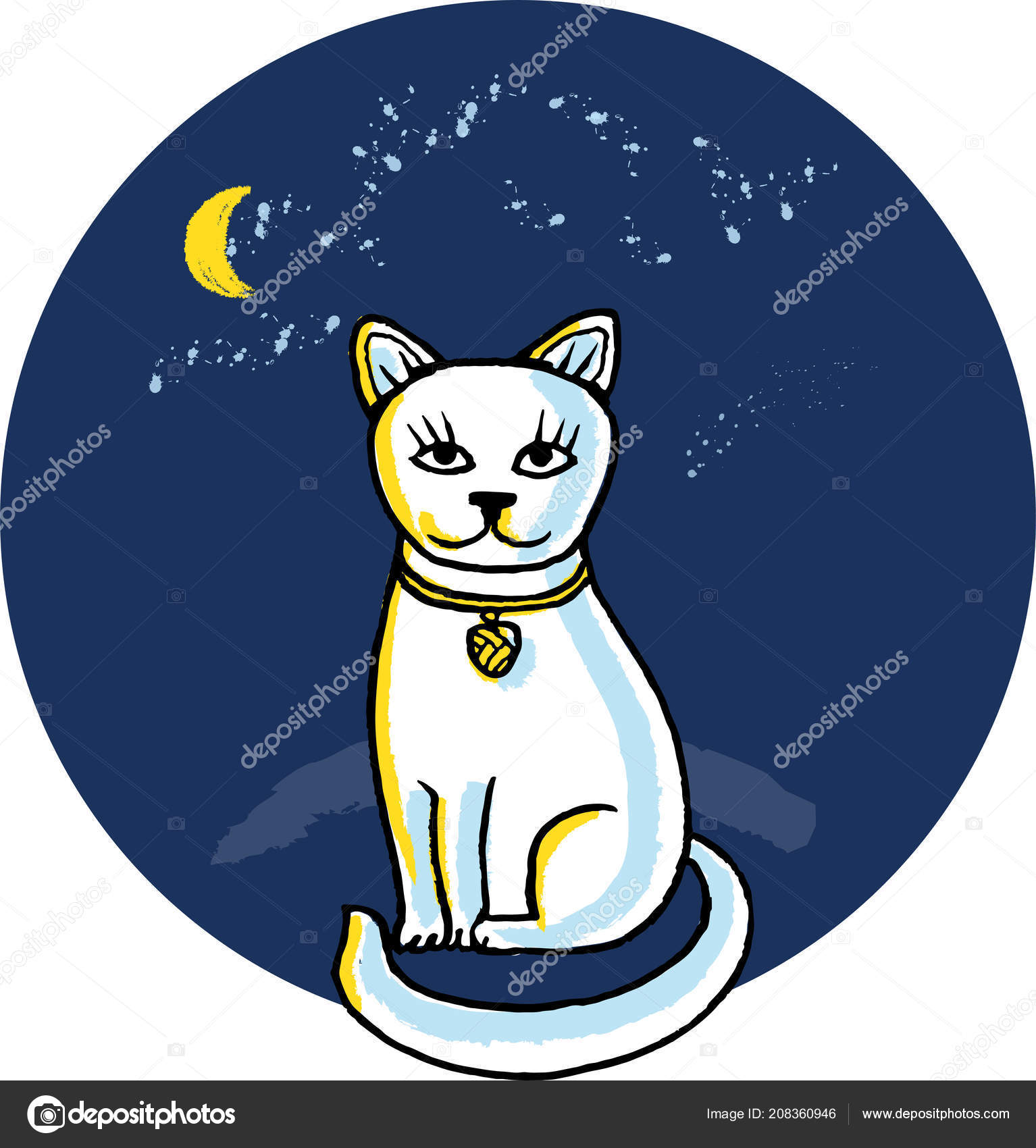 White cat at night, the moon — Stock Vector © atdigit #208360946