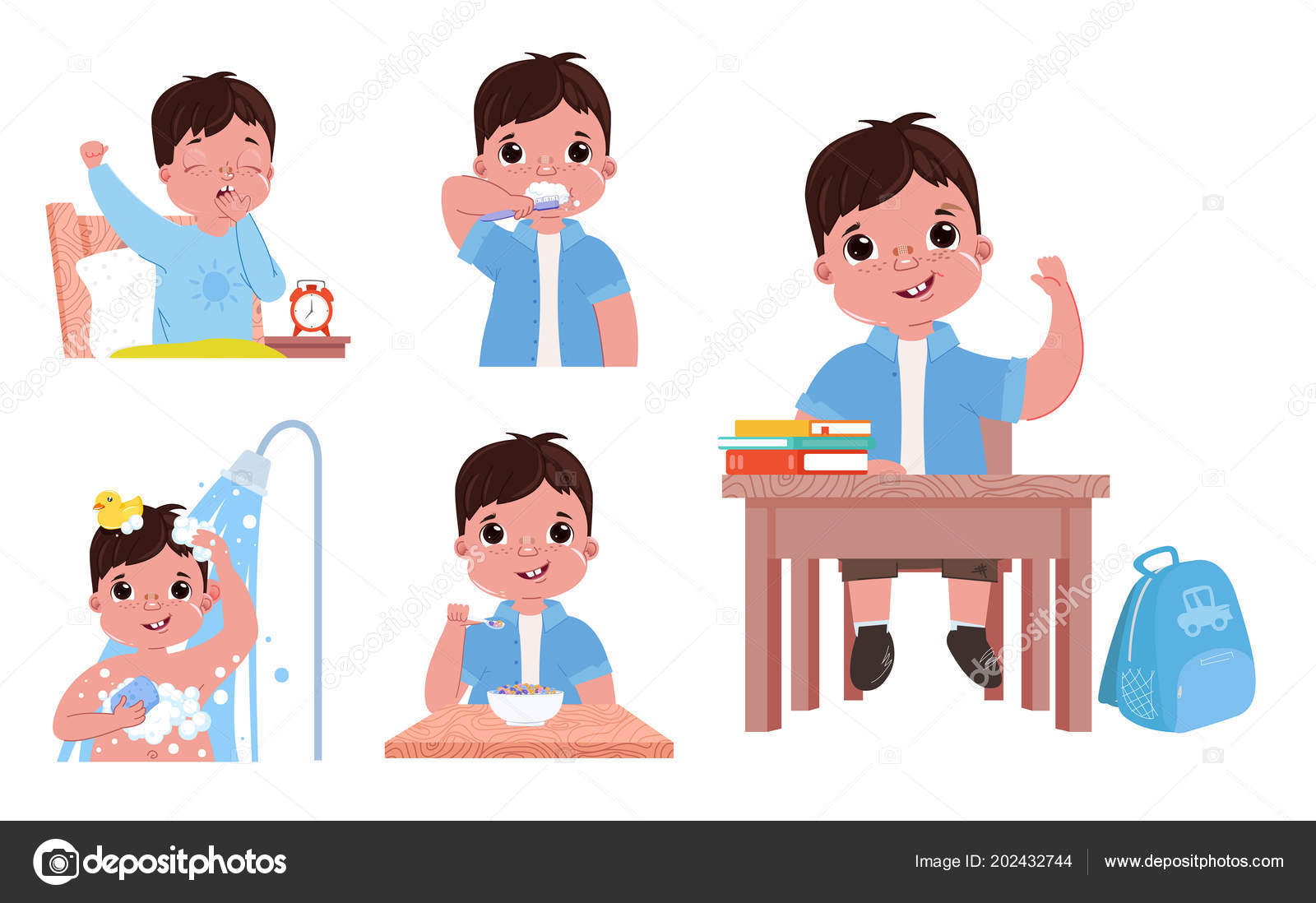 The daily routine of the child is a boy. Going back to school. Wake up ...