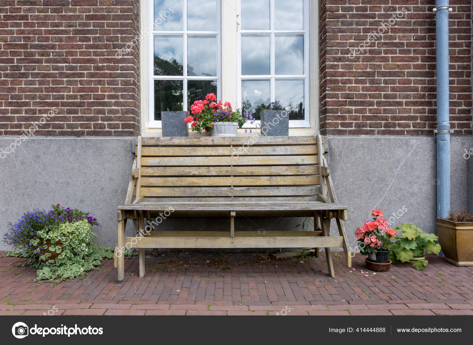 Front View Wooden Bench Front House Reflections Window Flowers Stock ...