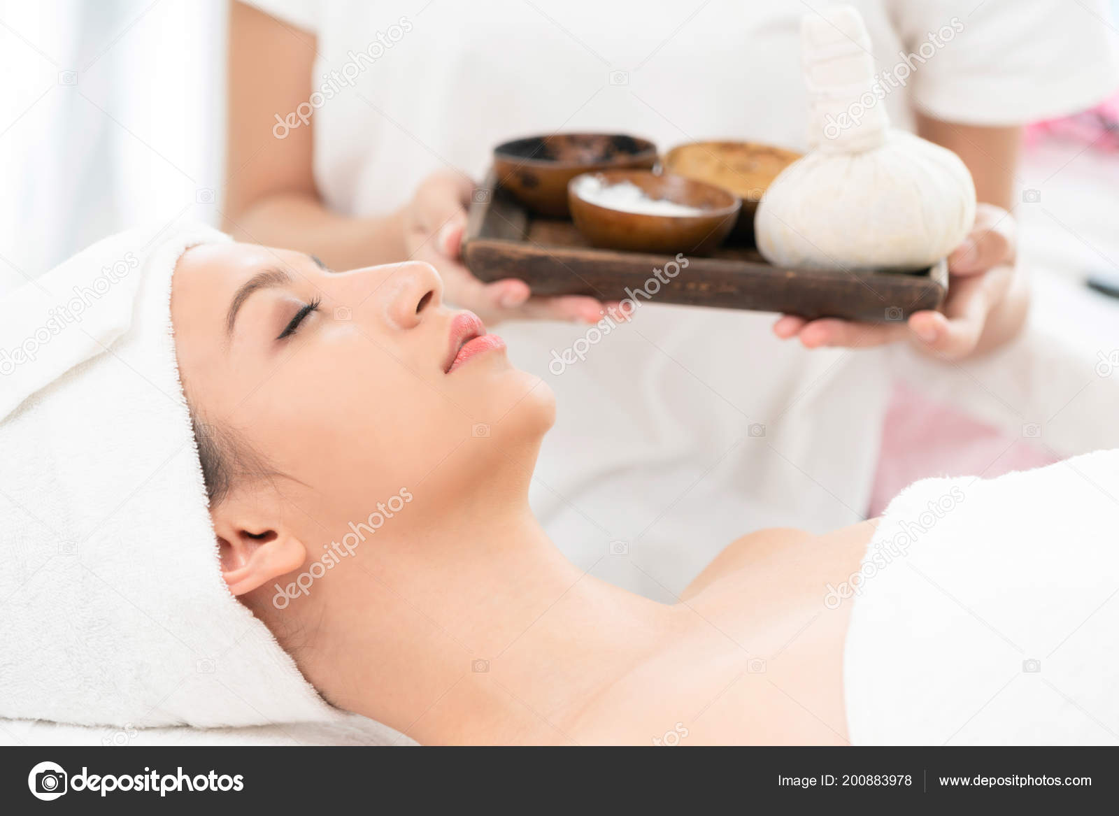 Relaxed Woman Lying Spa Bed Prepared Spa Massage Therapist Holding ...