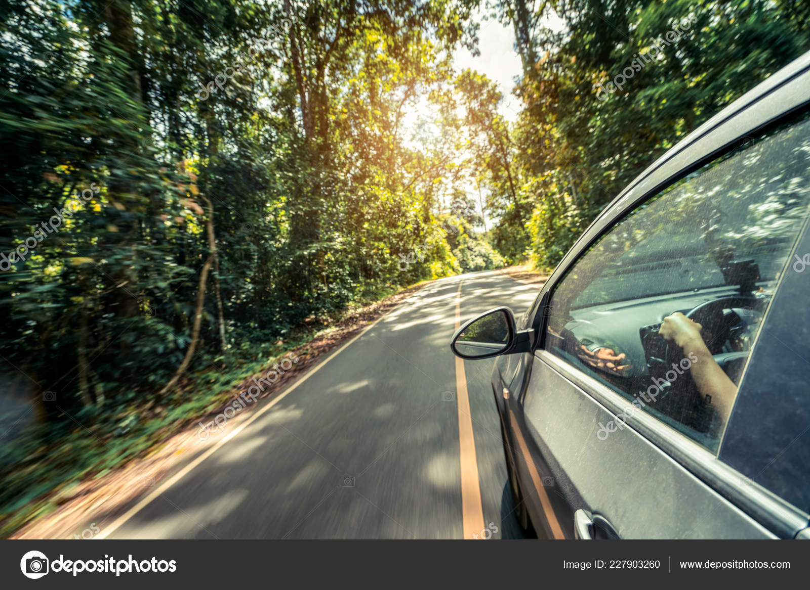 Side View Black Car Driving Road Forest Highway Summer Travel ⬇ Stock ...