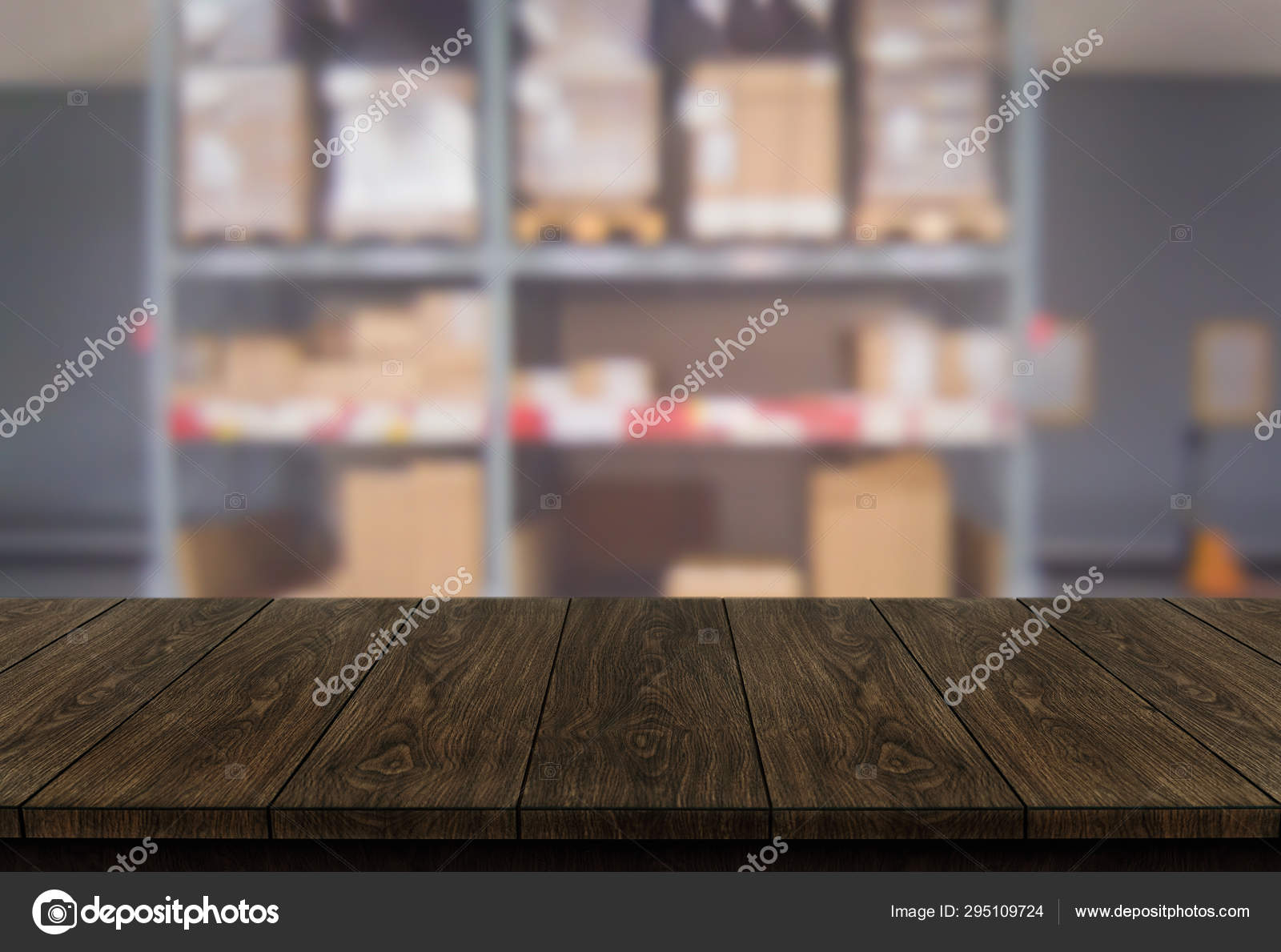 Wood table in warehouse storage blur background. — Stock Photo ...