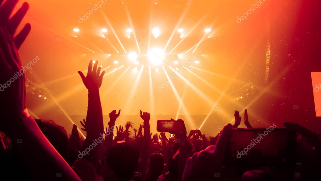 La gente feliz baila en el concierto de fiesta de DJ de discoteca y ...