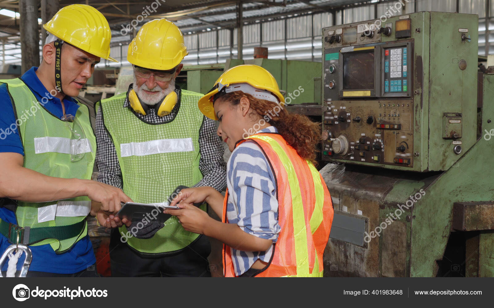 Group Factory Workers Using Machine Equipment Factory Workshop Industry ...