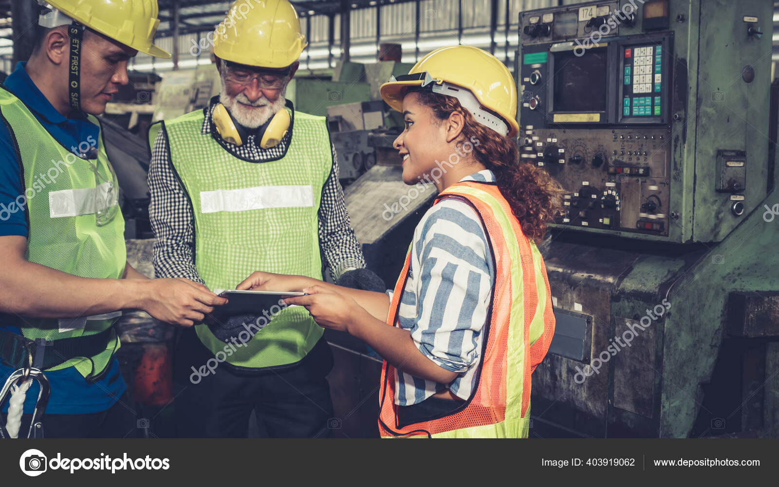 Group Factory Workers Using Machine Equipment Factory Workshop Industry ...