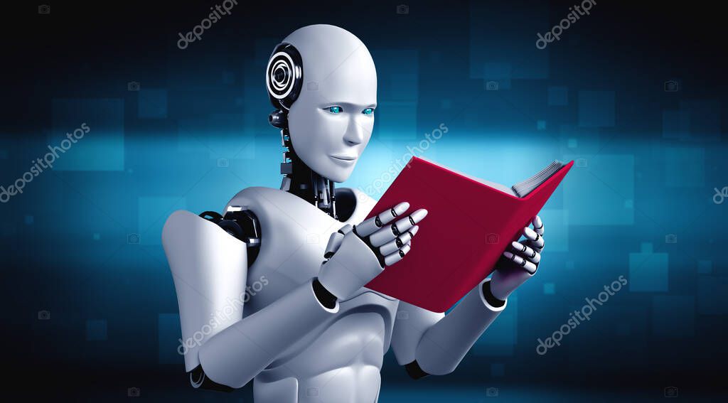Ilustración 3d Del Libro De Lectura Humanoide Robot En Concepto De