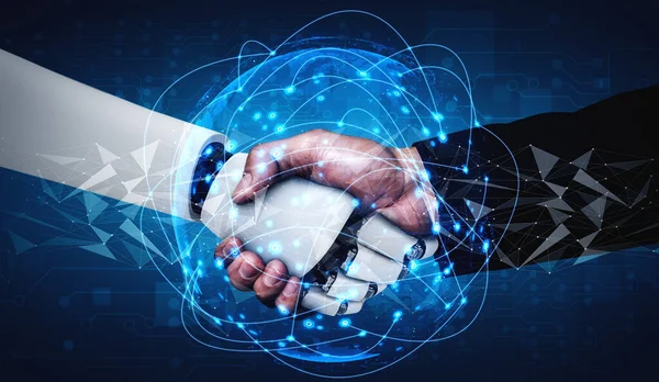 3D rendering humanoid robot handshake to collaborate future technology ...