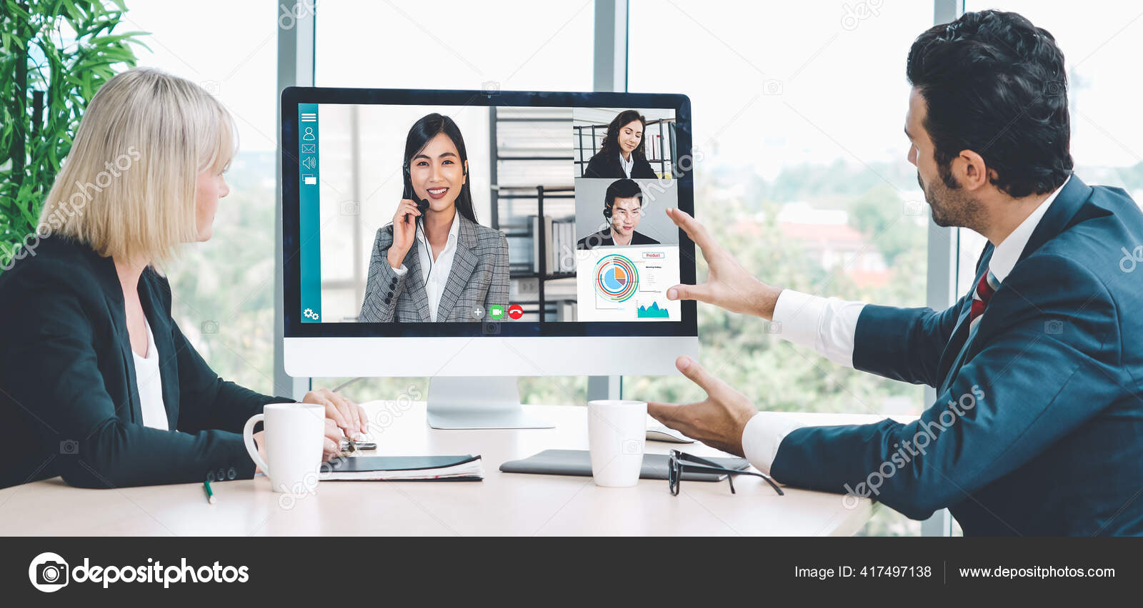 Video call group business people meeting on virtual workplace or remote ...
