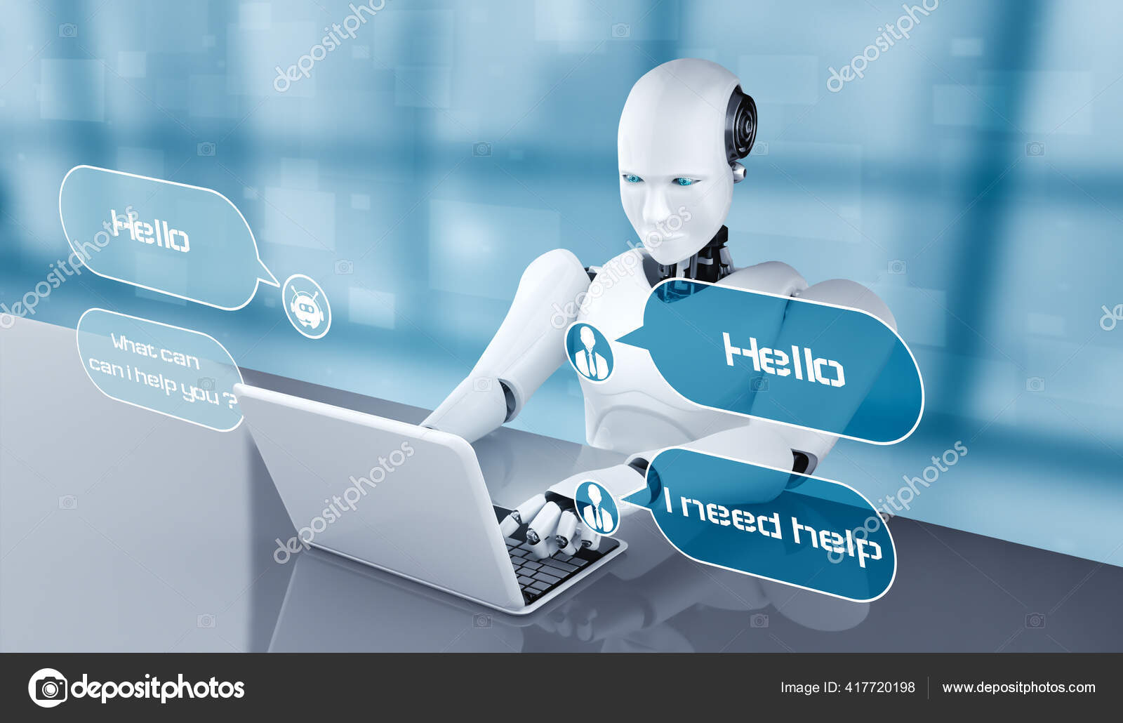 AI robot using computer to chat with customer. Concept of chat bot ...